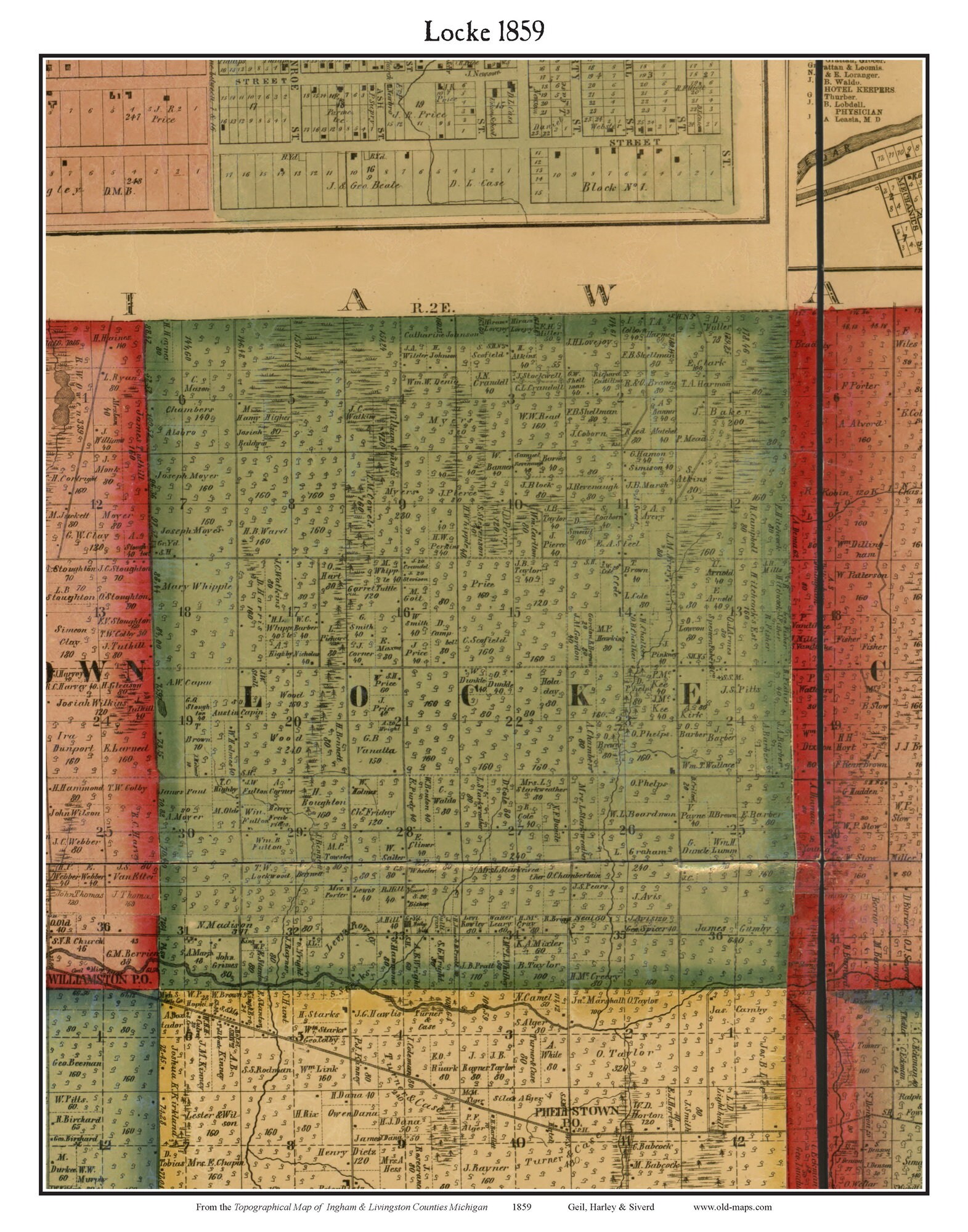 Locke 1859 Old Town Map With Homeowner Names Michigan - Reprint ...