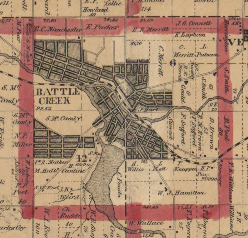 Calhoun County Michigan 1858 - Old Wall Map Reprint With Homeowner ...