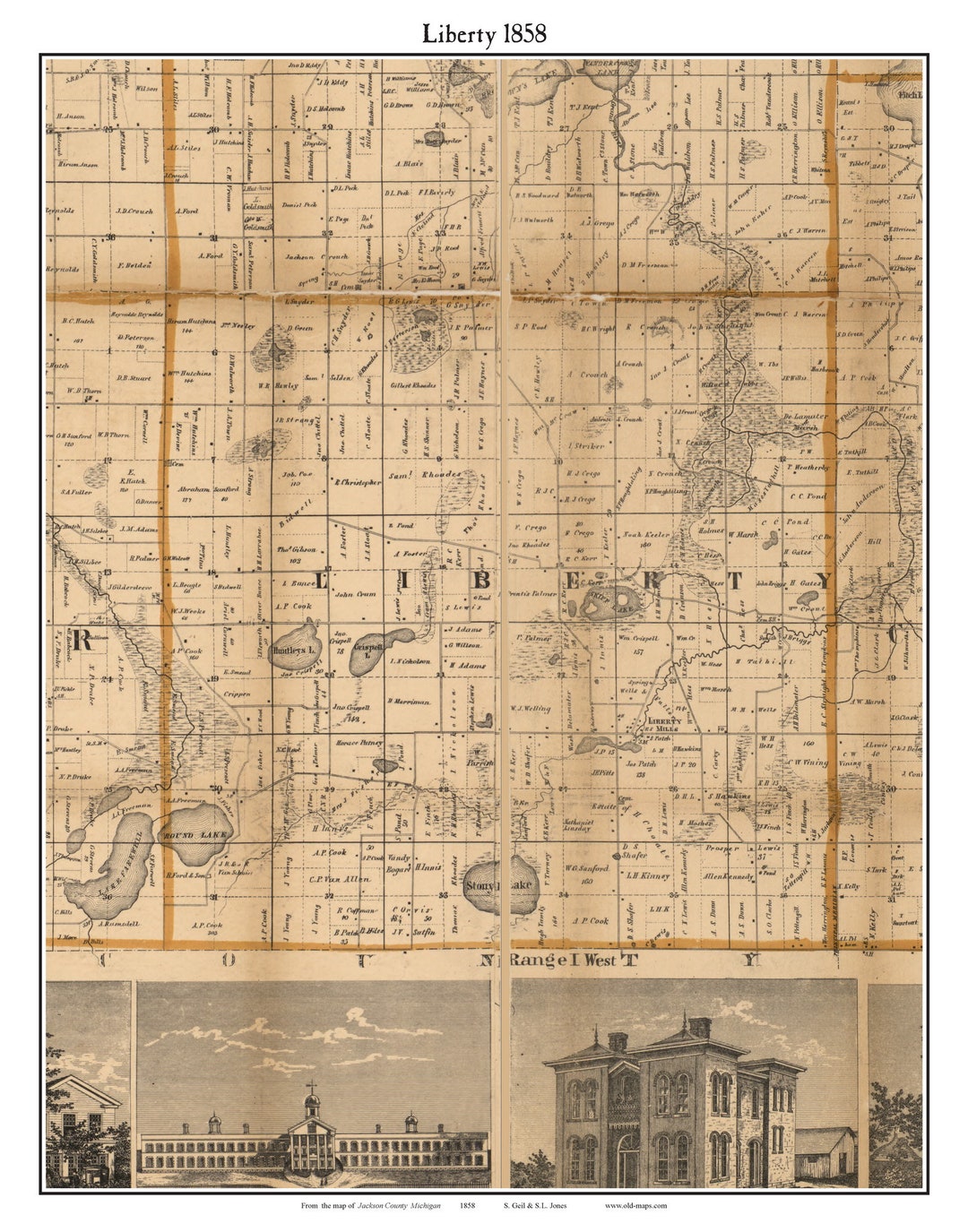 Liberty 1858 Old Town Map With Homeowner Names - Michigan - Reprint ...