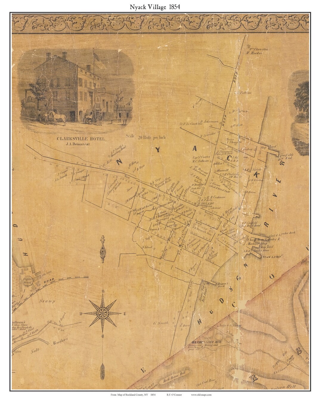 Nyack Village 1854 Old Map Homeowner Names - Genealogy - Rockland ...