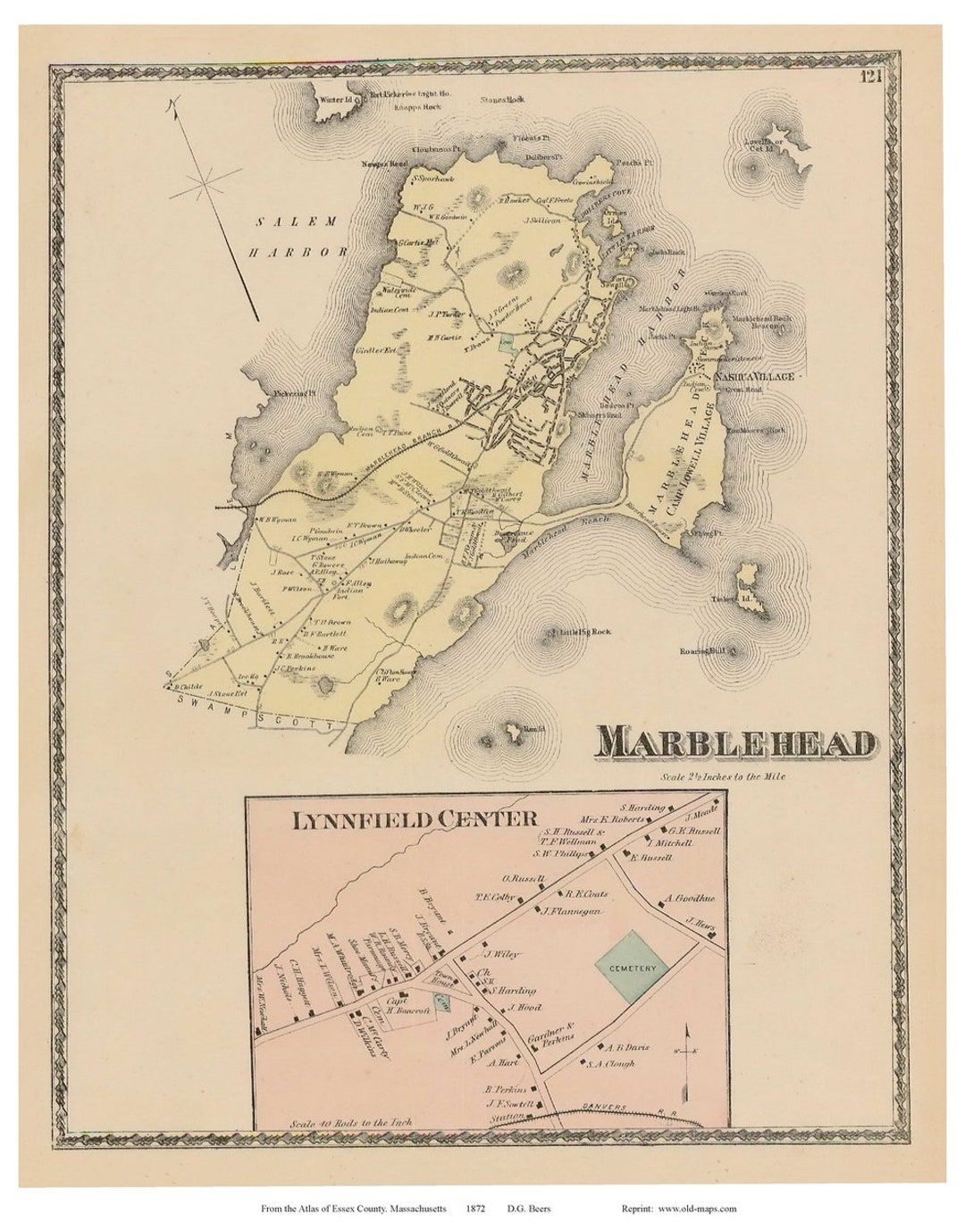 Marblehead 1872 - Old Town Map Reprint - Lynnfield Center in Lynnfield ...