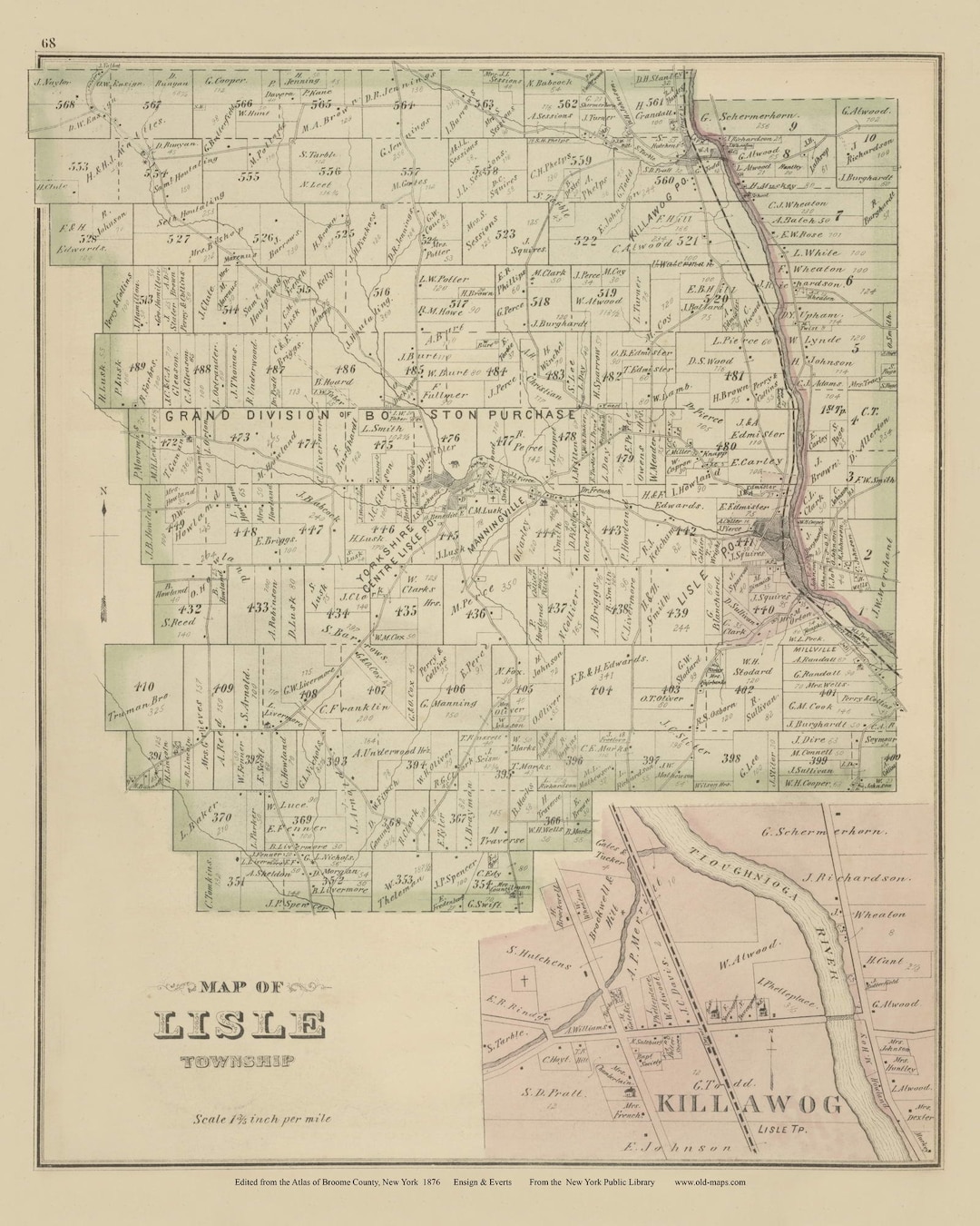 Lisle Township - 1876 Old Town Map Reprint, Killawog Village, Broome Co ...