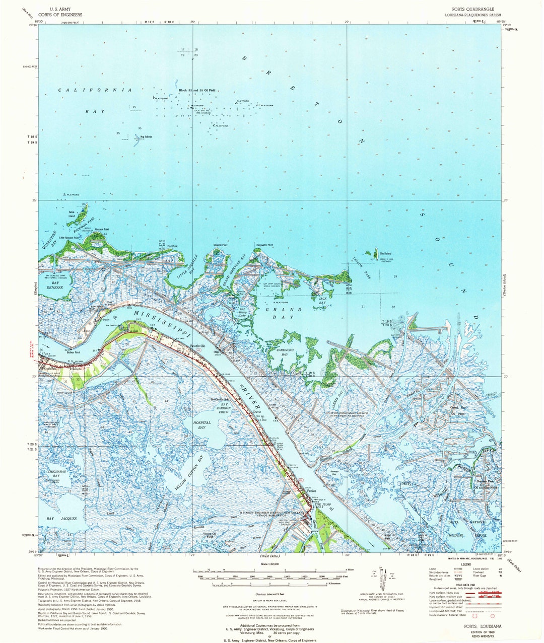 Forts 1960 (1961) Old Topo Map Breton Sound Bay Denisse Venice Quad ...