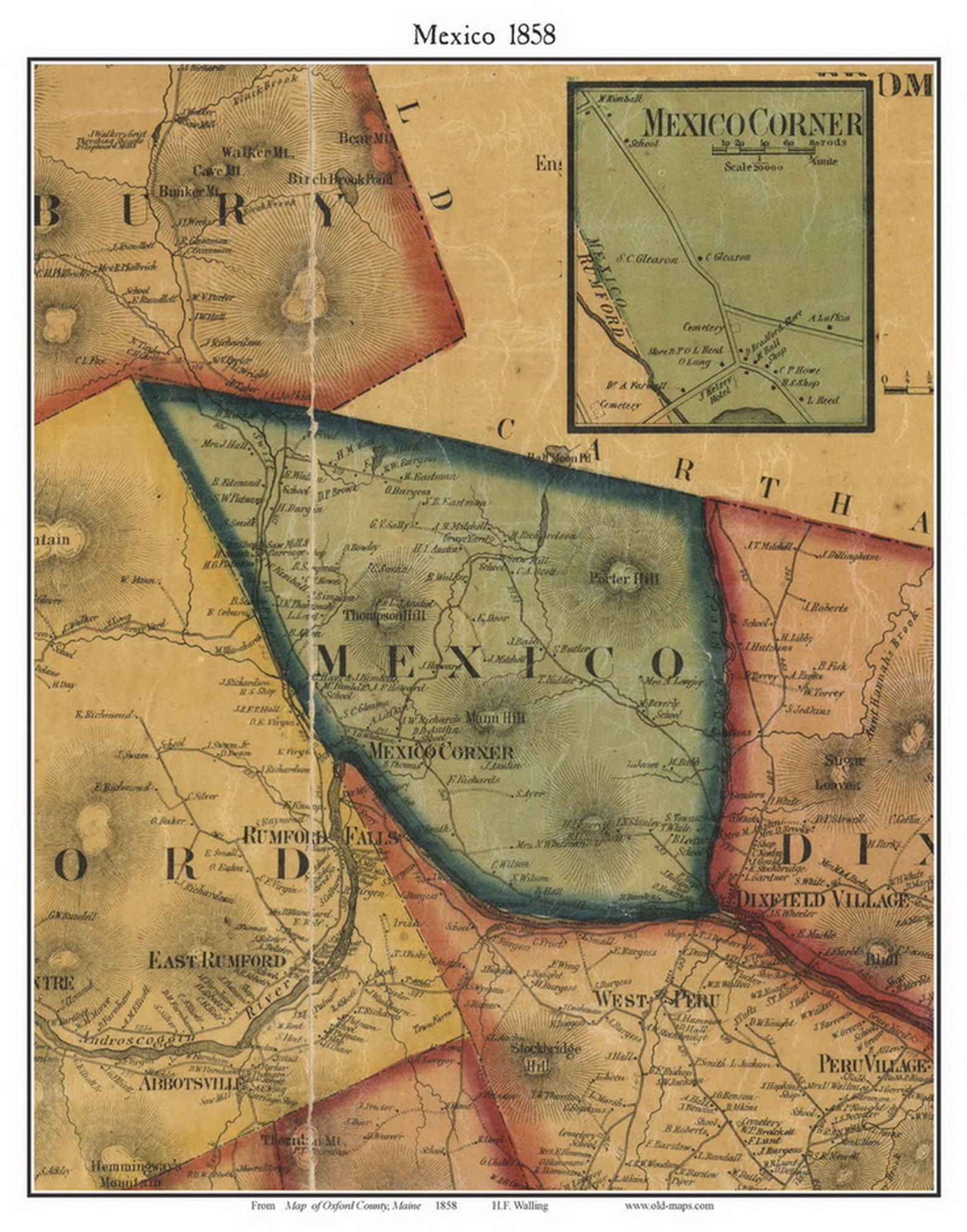 Mexico 1858 Old Town Map With Homeowner Names Maine - Reprint Genealogy ...