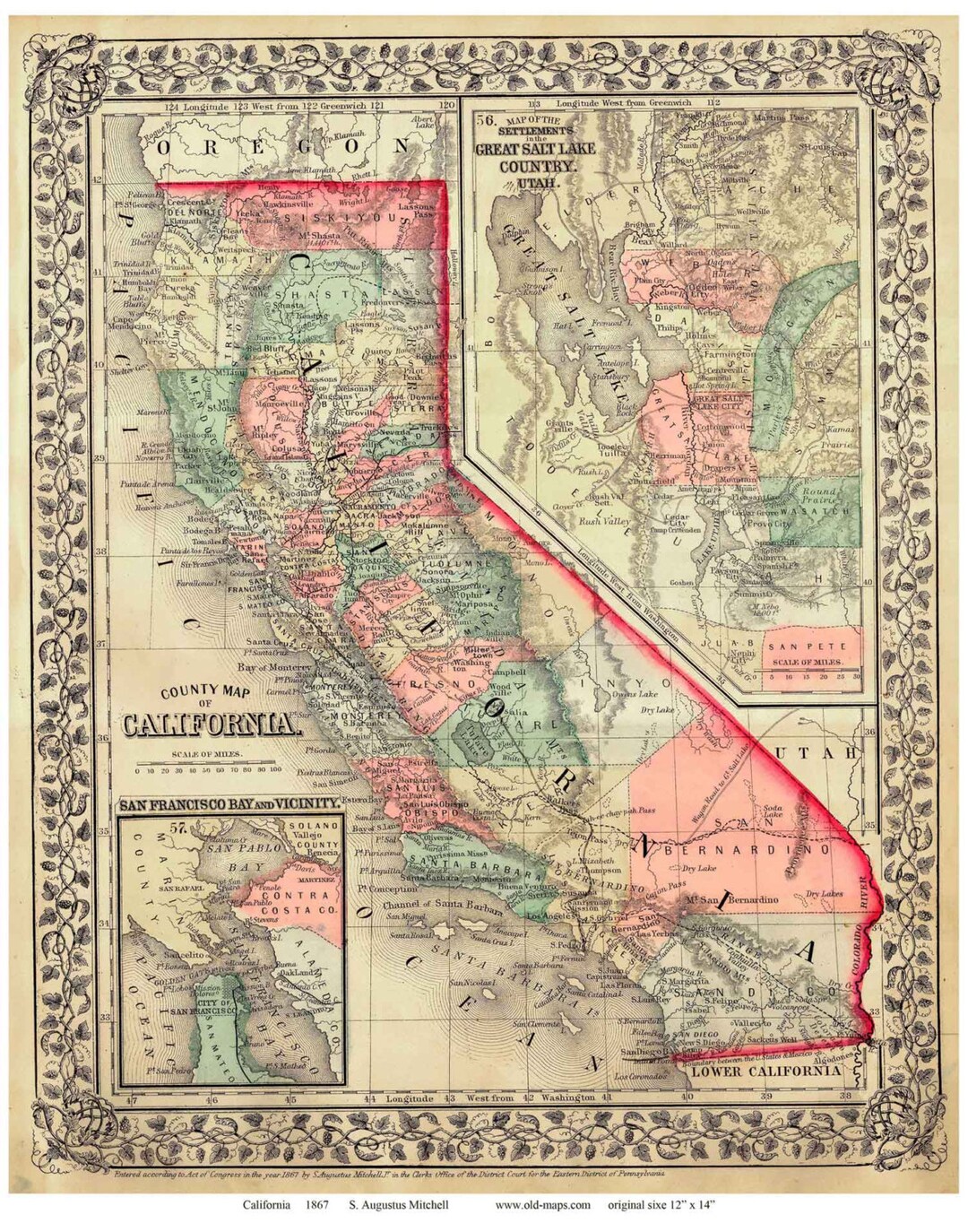 California 1867 Map Mitchell Old "county Map" Reprint State - Etsy