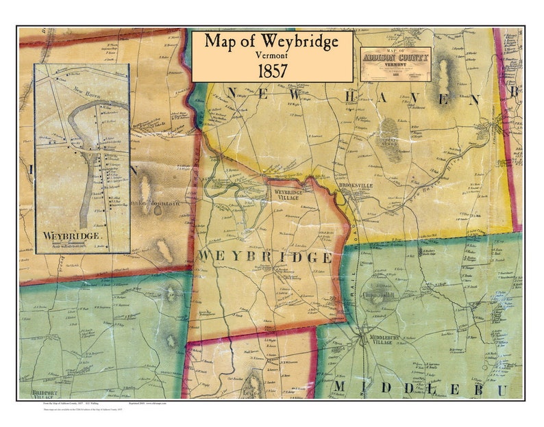 Weybridge 1857 Old Town Map With Homeowner Names Vermont - Etsy