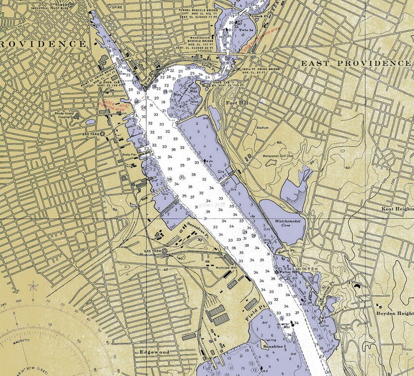 Providence River RI - 1946 Nautical Map by the USCGS - Reprint Harbors ...