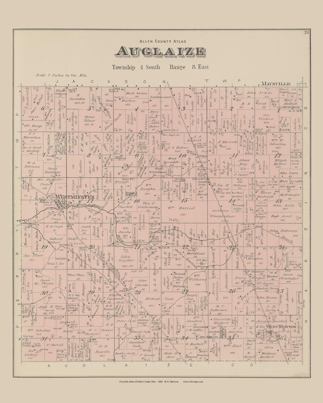 Auglaize 1880 - Old Town Map Reprint - Allen County, Ohio - Homeowner ...