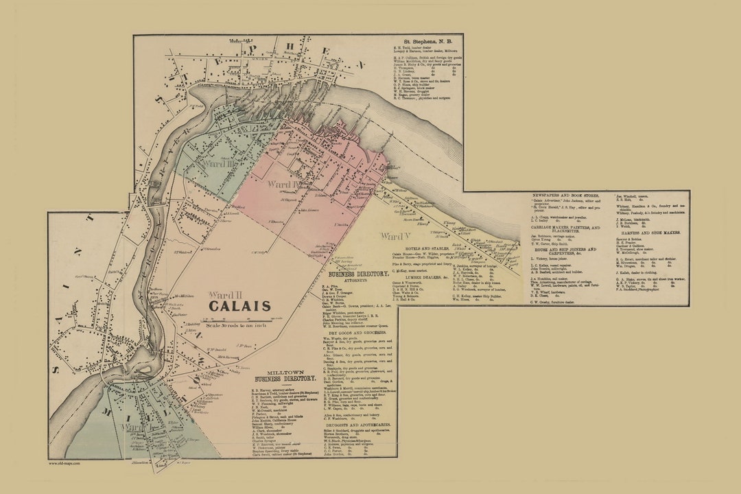 Calais Village 1861 Old Town Map With Homeowner Names Maine - Reprint ...