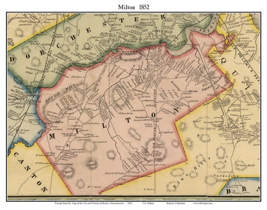 Milton 1852 Old Town Map With Homeowner Names Massachusetts - Reprint ...
