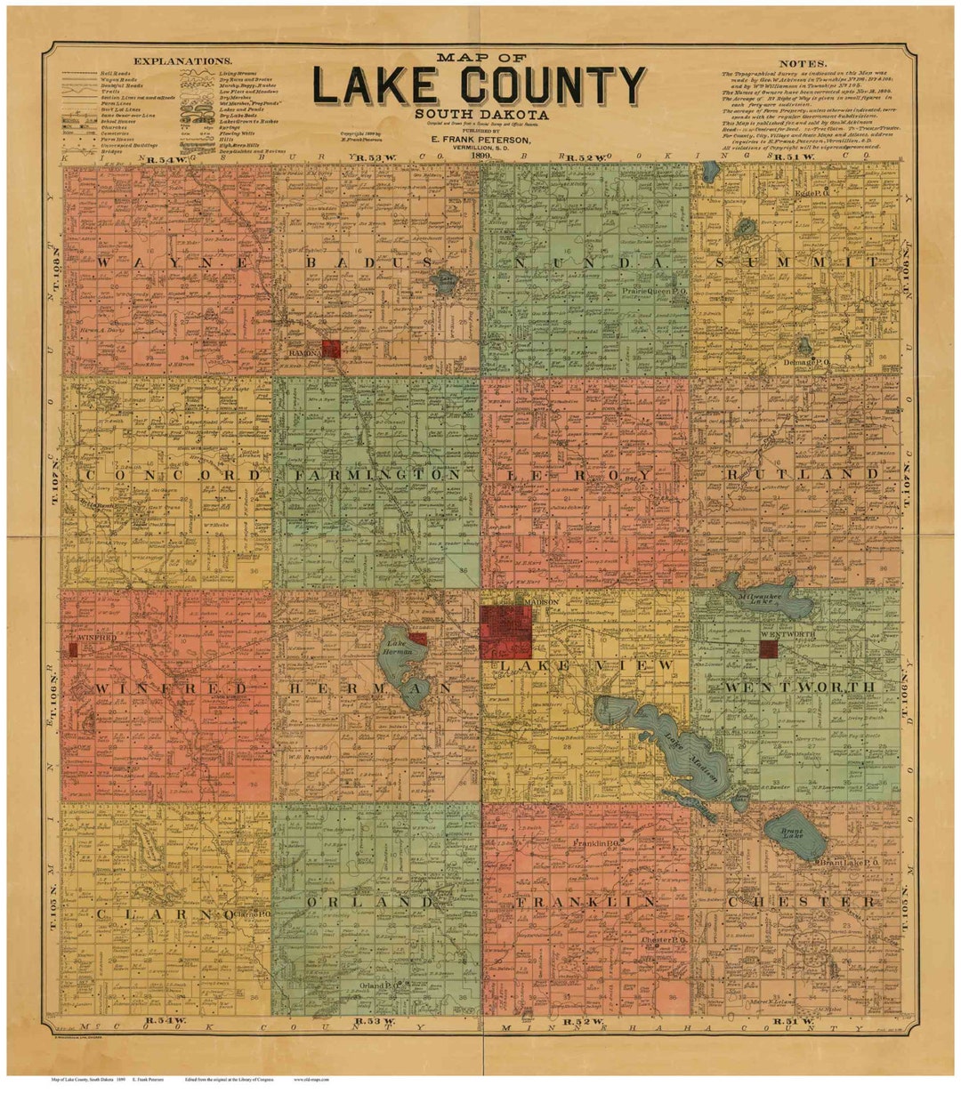 Lake County South Dakota 1899 - Old Wall Map With Landowner Names ...