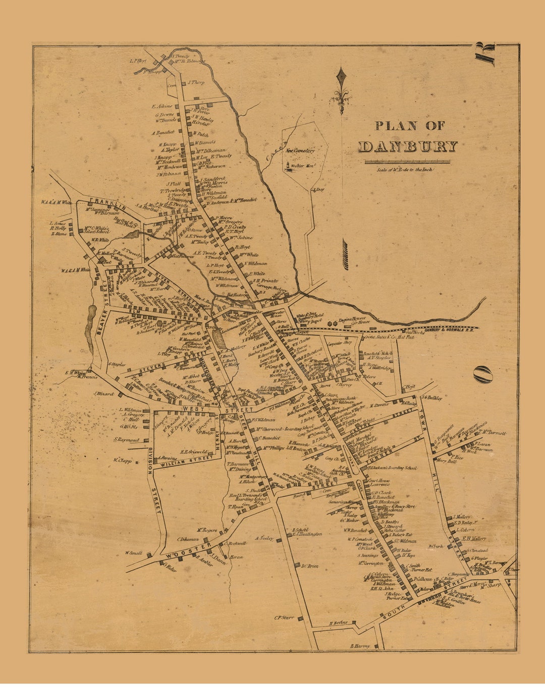 Danbury Village Connecticut 1858 Old Town Map With Homeowner Names ...