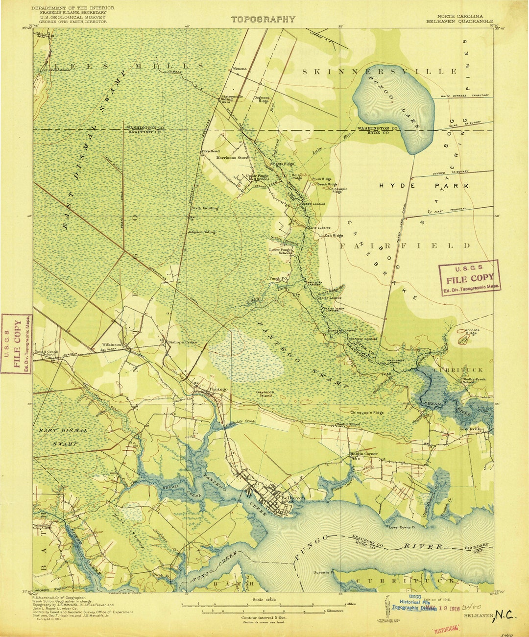 Belhaven 1916 (1916) Old Topo Map - Quad Reprint - 15x15 USGS ...