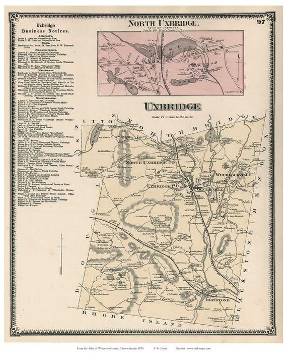 Uxbridge 1870 Old Town Map With Homeowner Names Massachusetts | Etsy