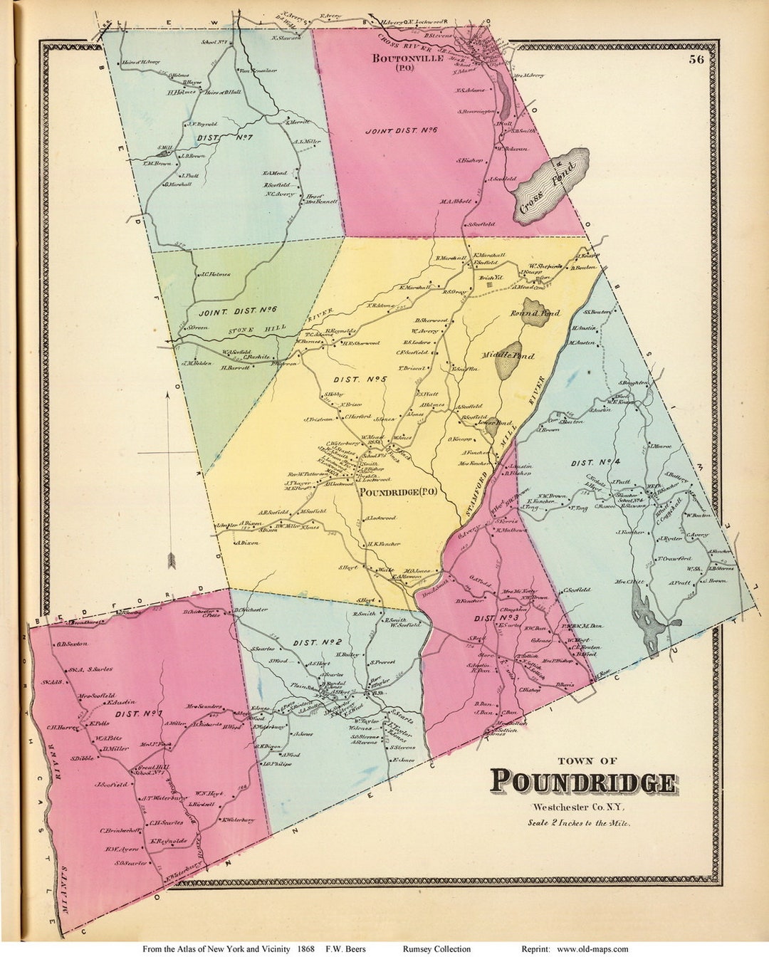 Poundridge 1868 Old Town Map Reprint Westchester Co. New York Homeowner ...