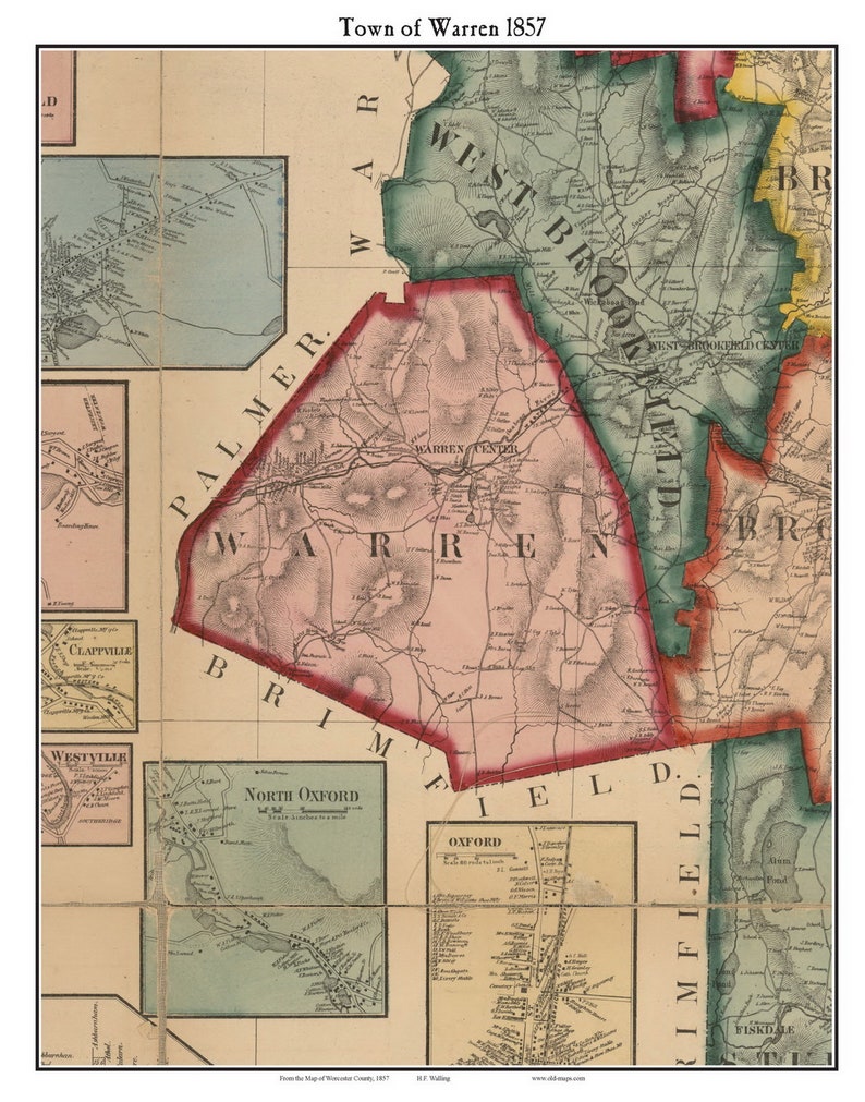 Warren 1857 Old Town Map With Homeowner Names Massachusetts | Etsy