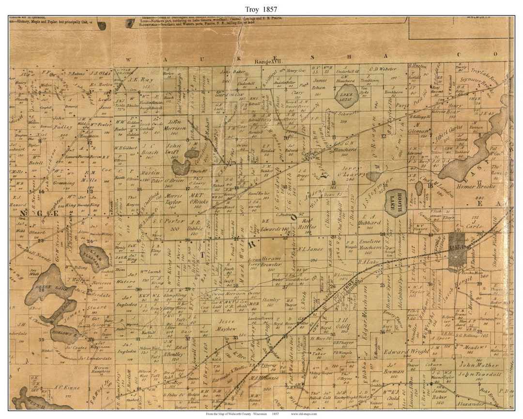 Troy 1857 Old Town Map With Homeowner Names Wisconsin - Reprint ...