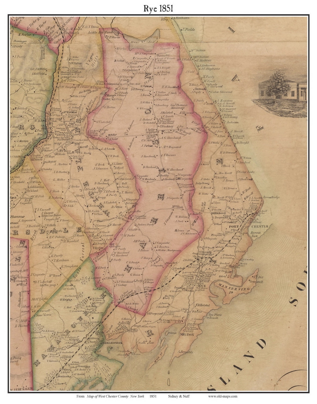 Rye 1851 Old Town Map - With Homeowner Names New York Reprint Genealogy ...