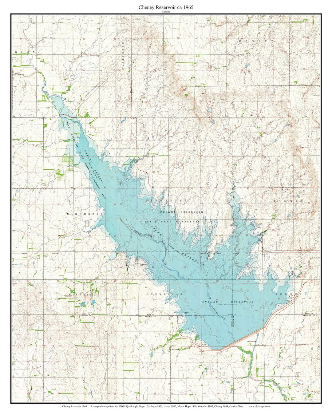 Cheney Reservoir 1965 Map Reprint - Lakes Region Old Topographic USGS ...