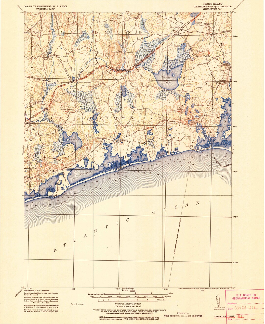 Charlestown 1921 (1921) Old Topo Map Richmond South Kingston Ninigret ...