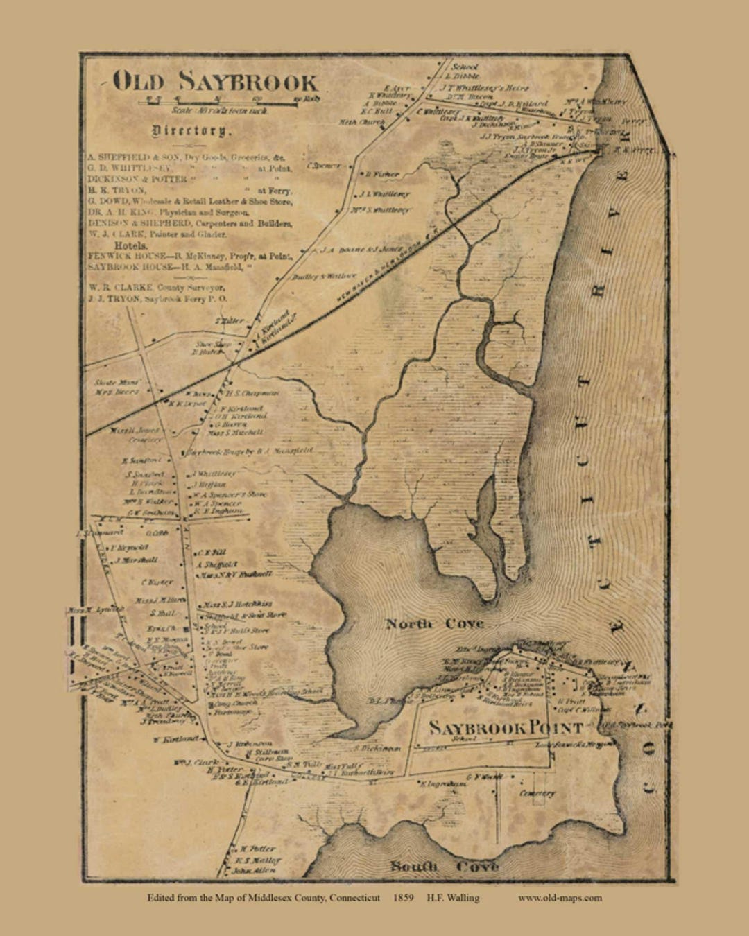 Old Saybrook Village 1859 Old Town Map With Homeowner Names Connecticut ...
