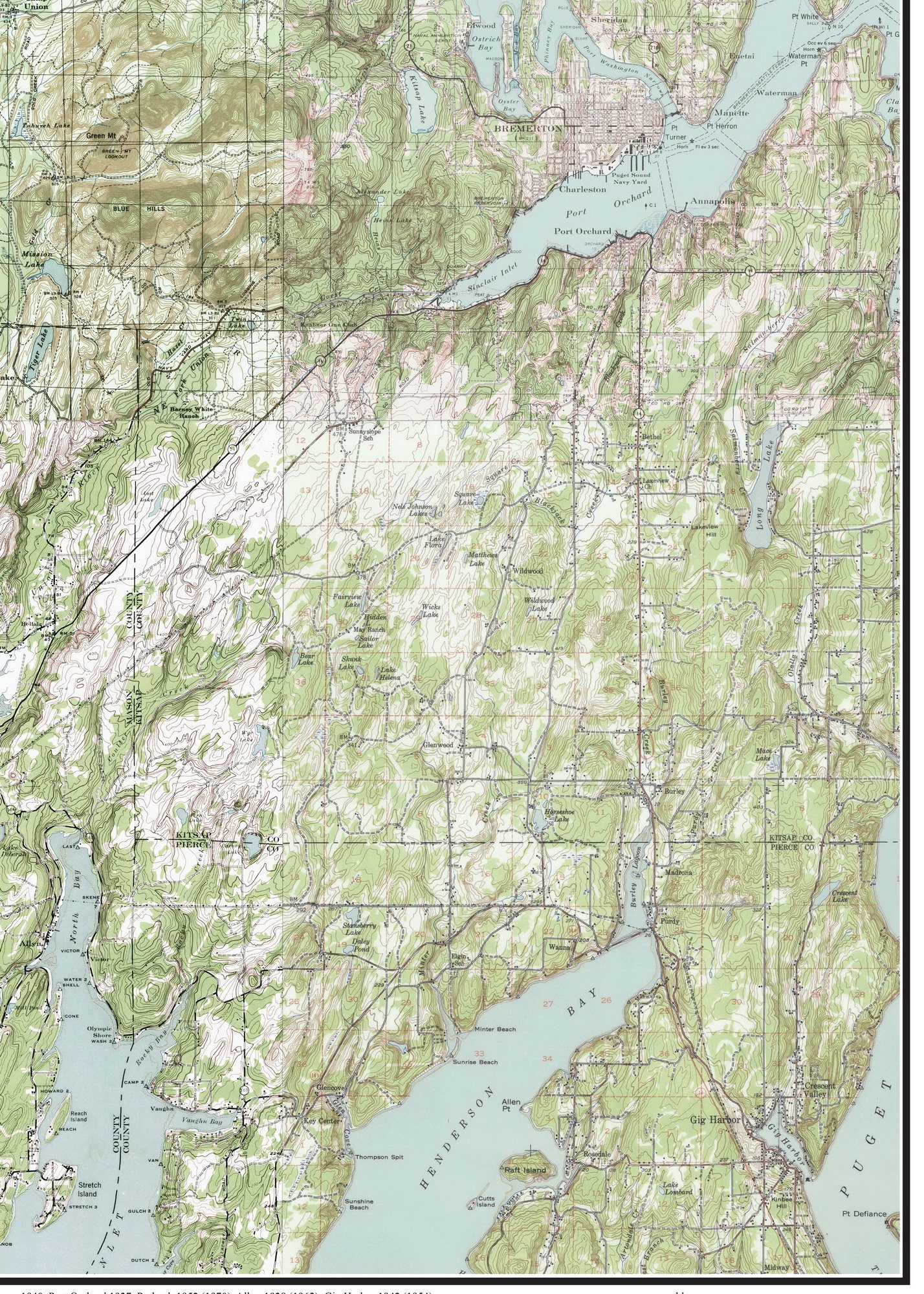 Hood Canal Ca. 1940 USGS Old Topographic Map Custom - Etsy