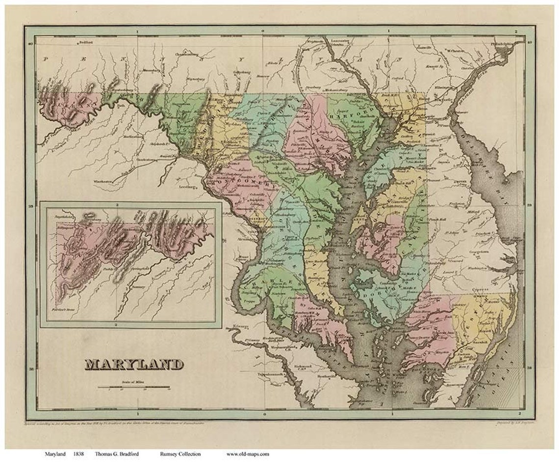 Maryland State Map 1838 Old Map Reprint - Etsy