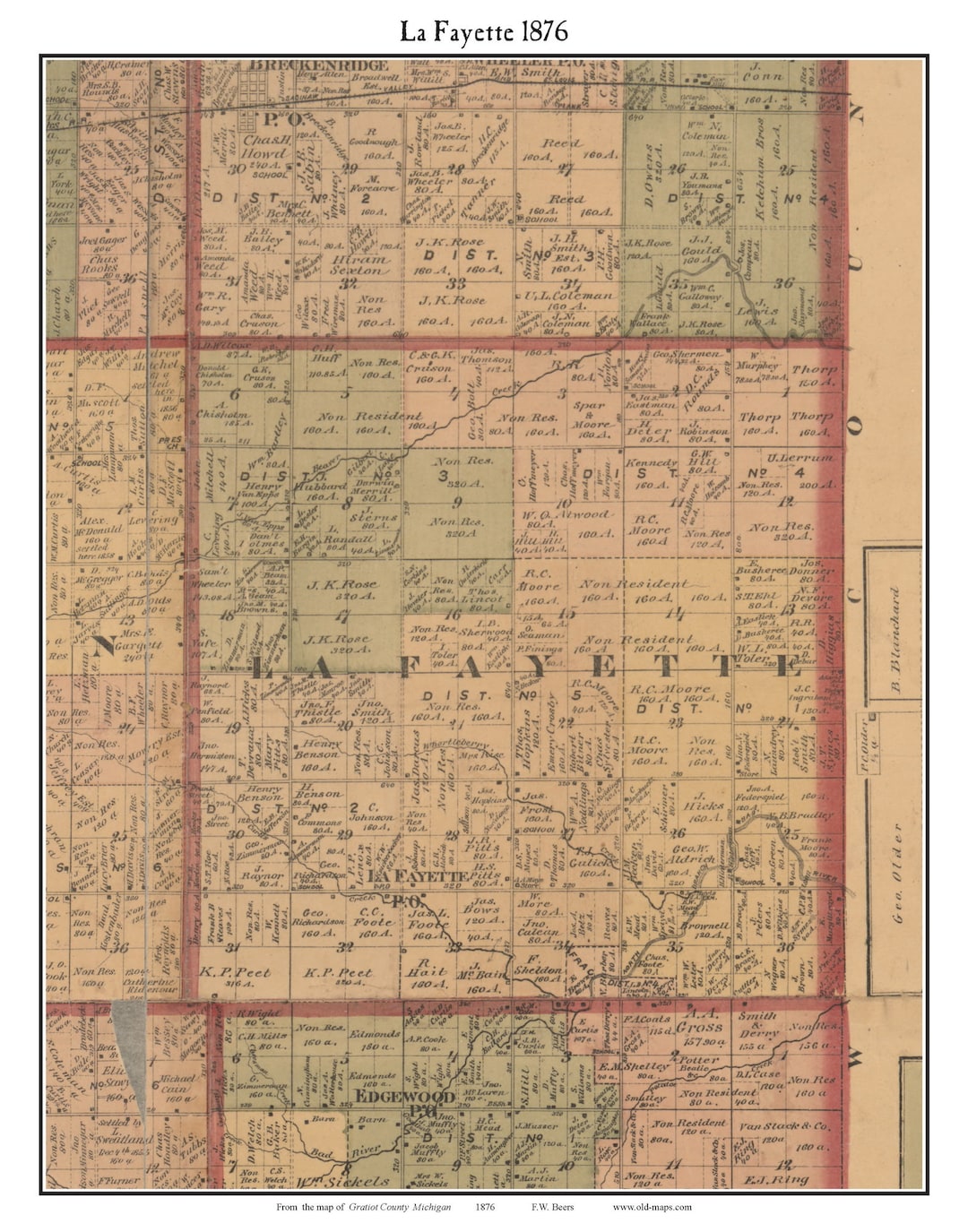 Lafayette 1876 Old Town Map With Homeowner Names Michigan - Reprint ...
