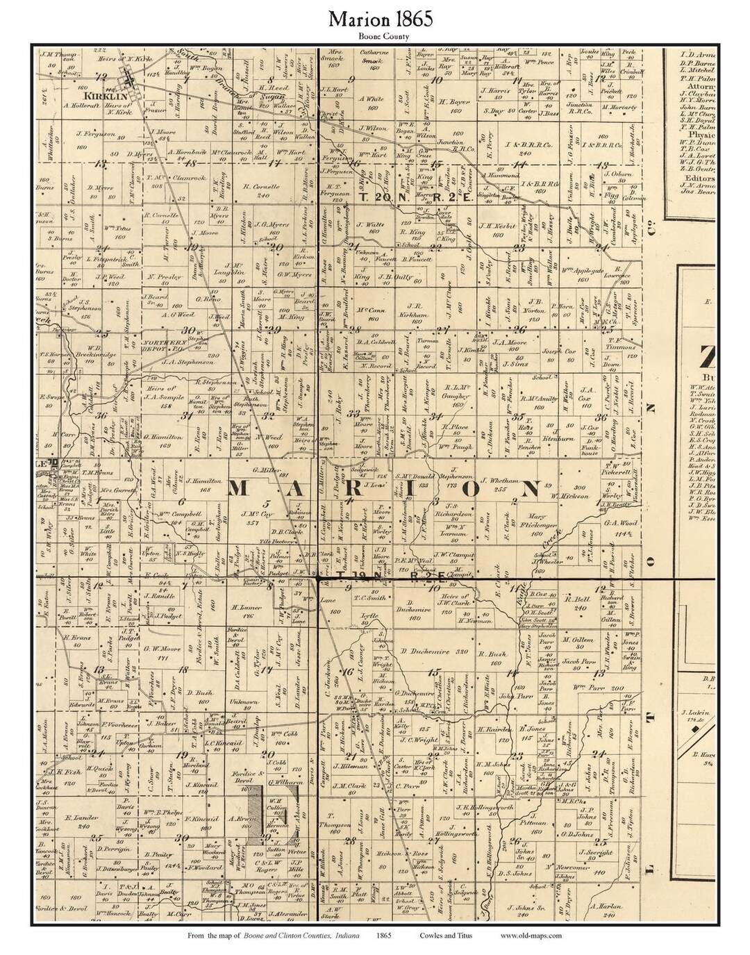 Marion 1865 Old Town Map With Homeowner Names Indiana Kirklin - Reprint ...