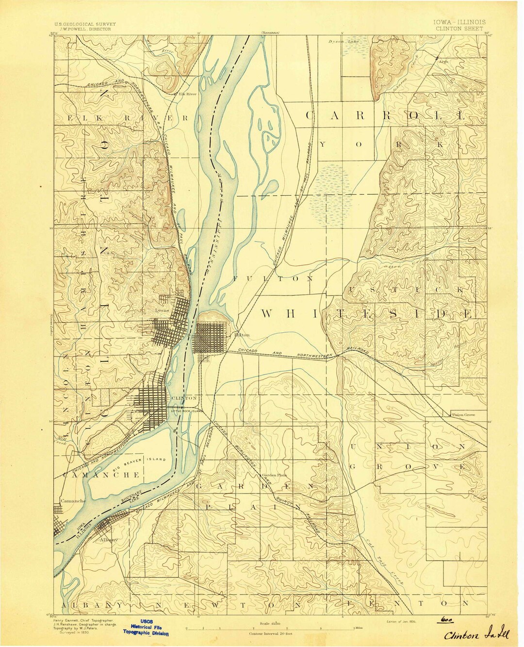 Clinton 1894 Old Topo Map Fulton Lyons Albany Quad Reprint 15x15 USGS ...
