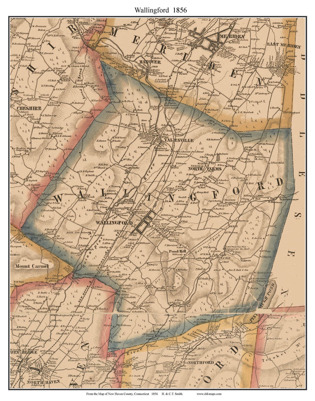 Wallingford 1856 Old Town Map With Homeowner Names Connecticut ...