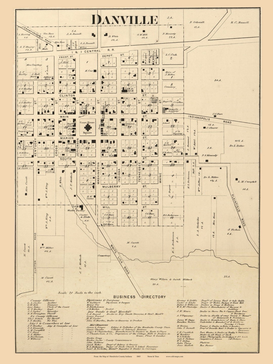 Danville 1865 Old Town Map With Homeowner Names Indiana Center- Reprint ...