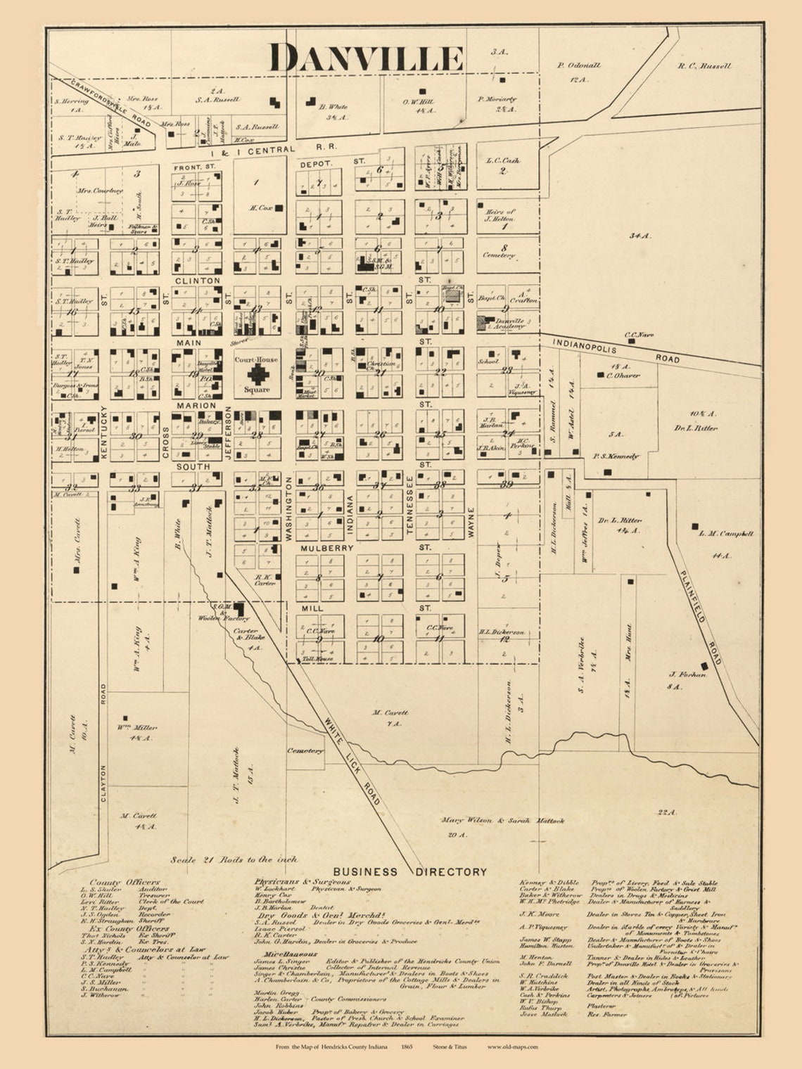Danville 1865 Old Town Map With Homeowner Names Indiana - Etsy