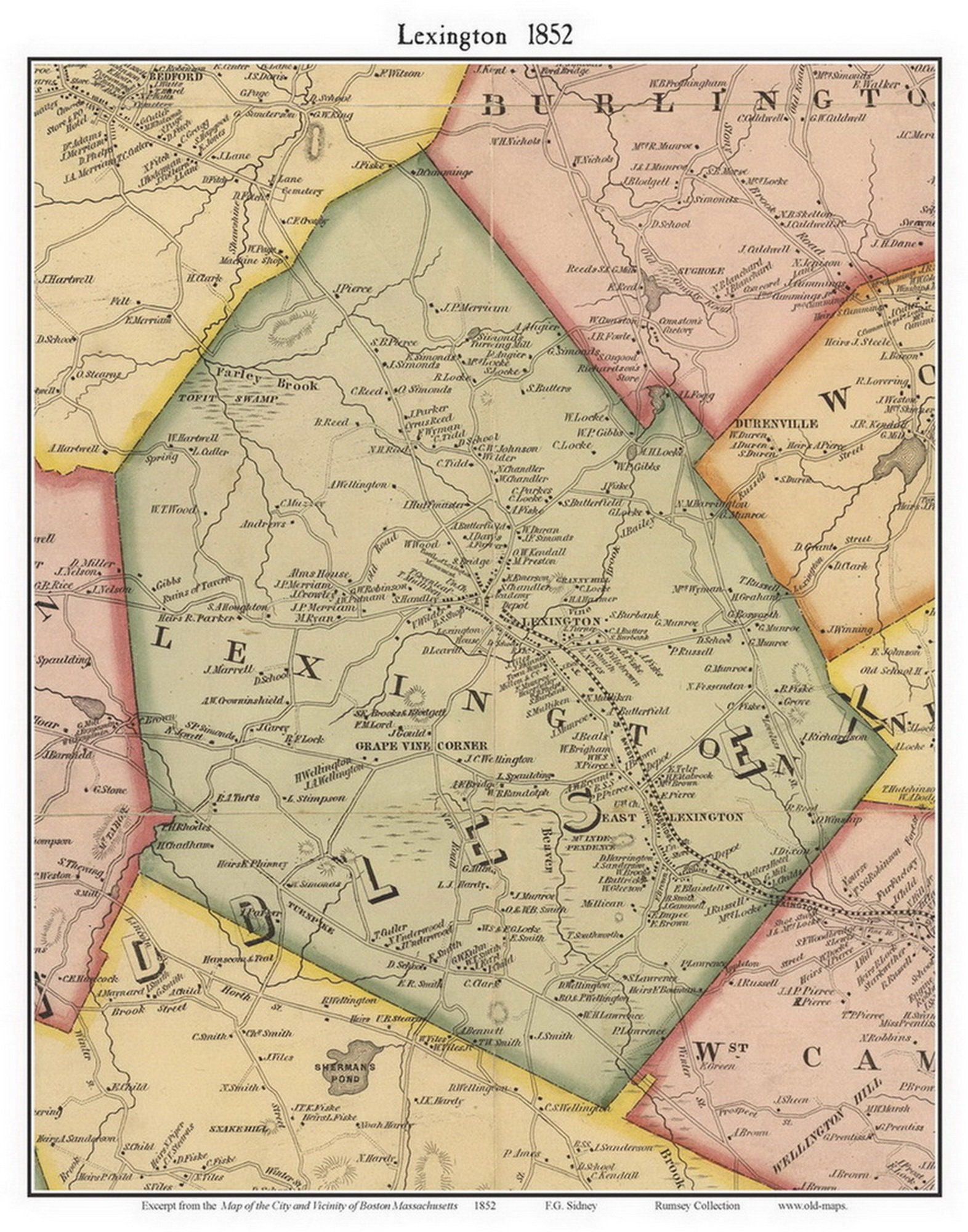 Lexington 1852 Old Town Map With Homeowner Names Massachusetts ...