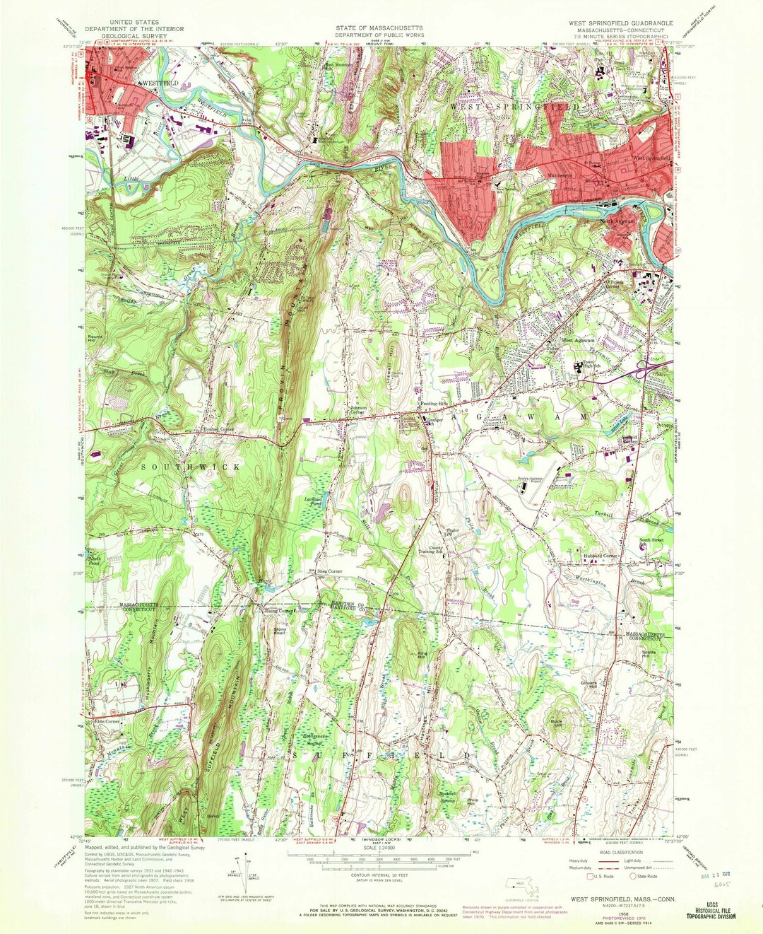 West Springfield 1958 1972 Old Topo Map West Field Agawam 7x7 USGS ...