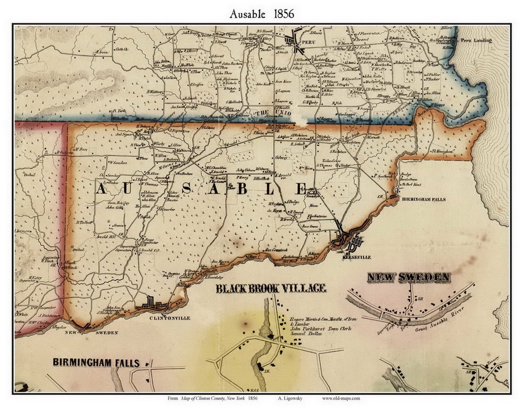 Ausable 1856 Old Town Map With Homeowner Names New York - Reprint ...
