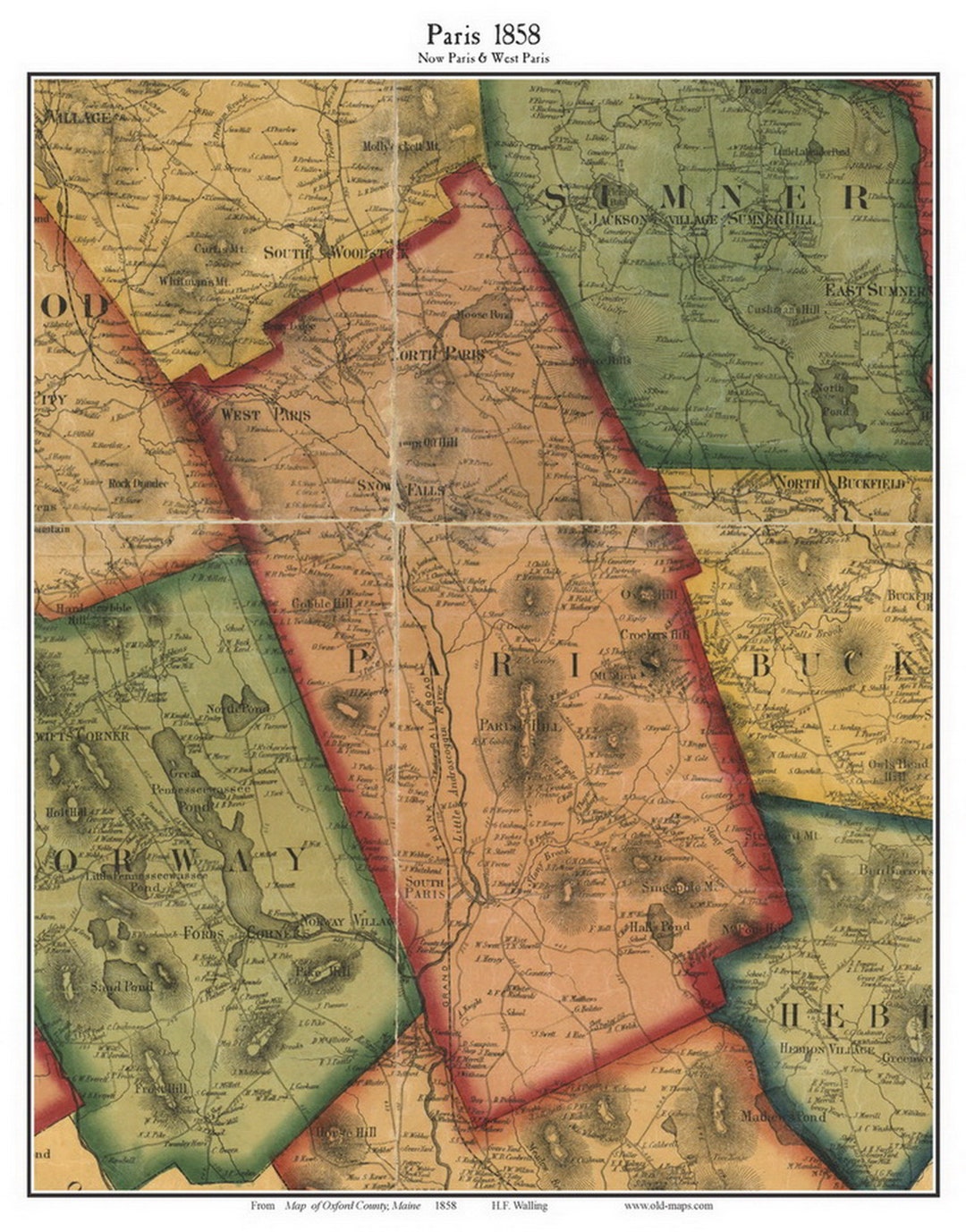 Paris 1858 Old Town Map With Homeowner Names Maine - Reprint Genealogy ...