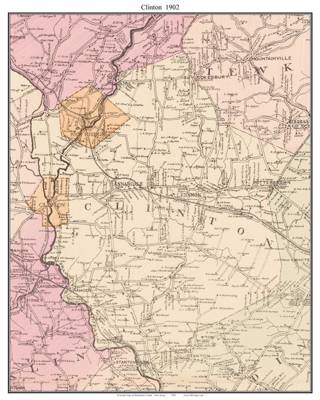 Clinton 1902 Old Town Map With Homeowner Names New Jersey - High Bridge ...