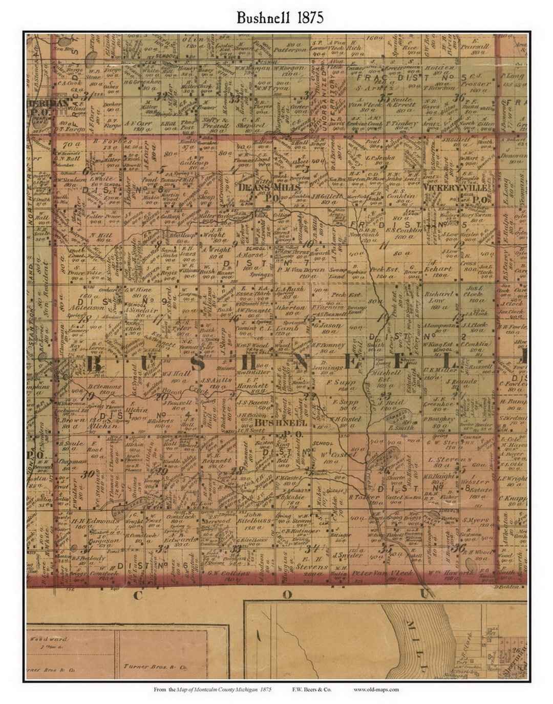 Bushnell 1875 Old Town Map With Homeowner Names - Deans Mills ...