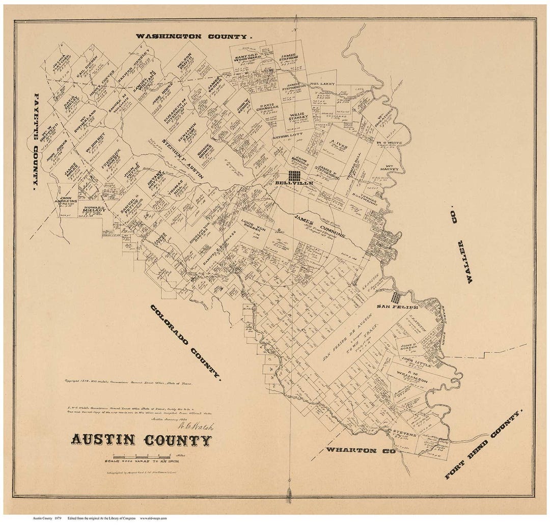 Austin County, Texas - 1879 - Old Wall Map Reprint With Land Owners ...