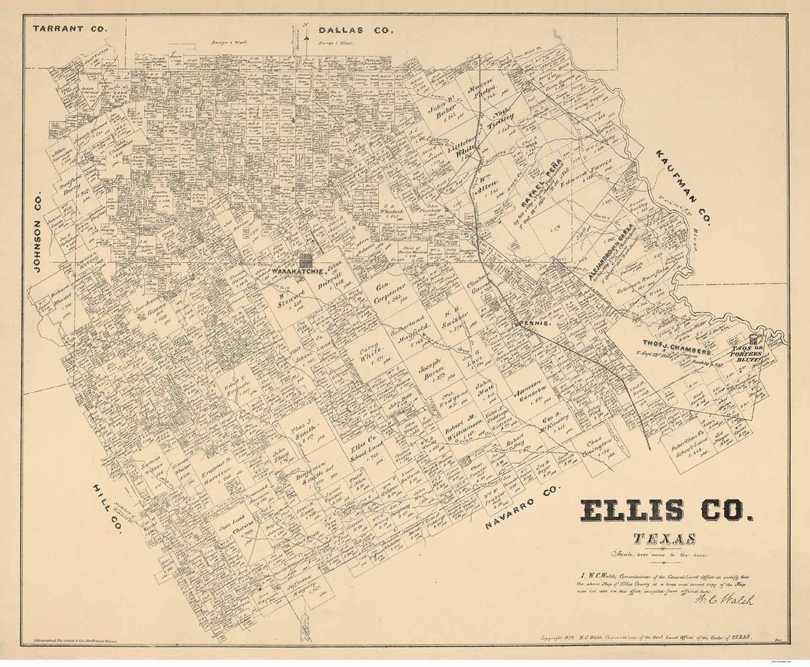 Ellis County Texas 1879 Old Wall Map Reprint With Land | Etsy