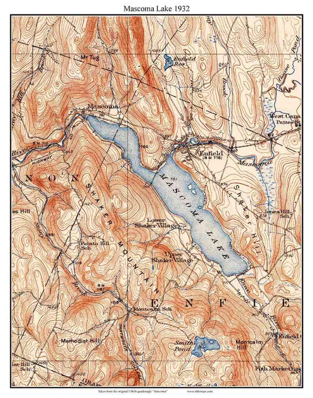 Mascoma Lake - 1932 Old Topographic Map USGS Custom Composite Reprint ...