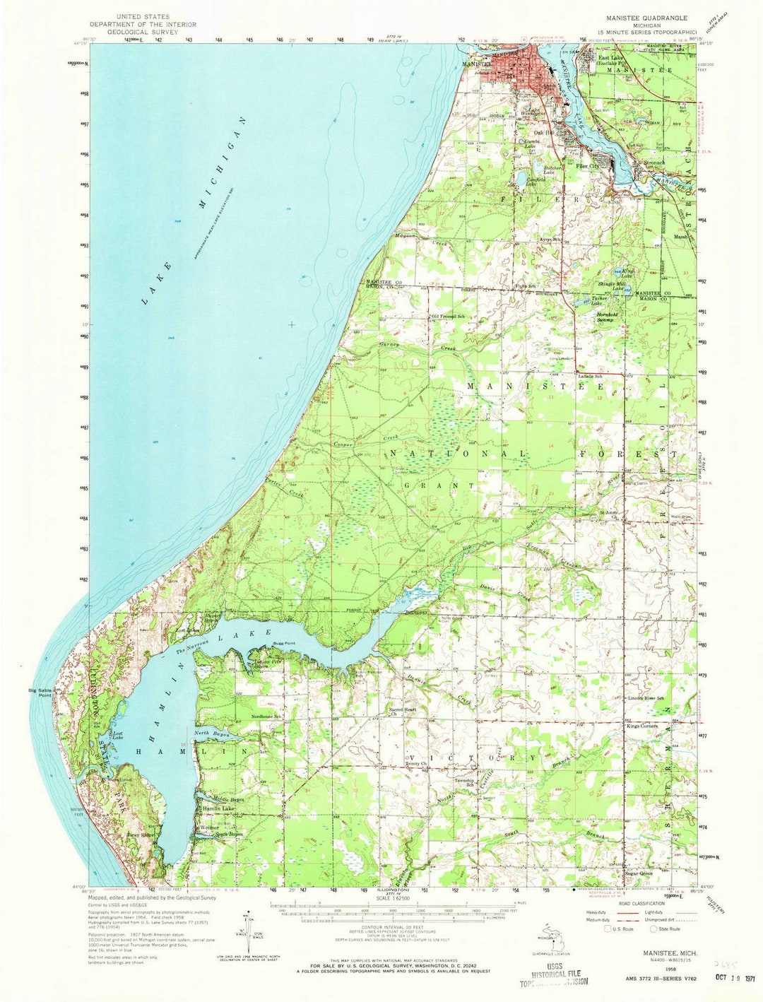 Manistee 1958 1971 Old Topo Map Manistee Lake Lake Michigan Hamlin Lake ...