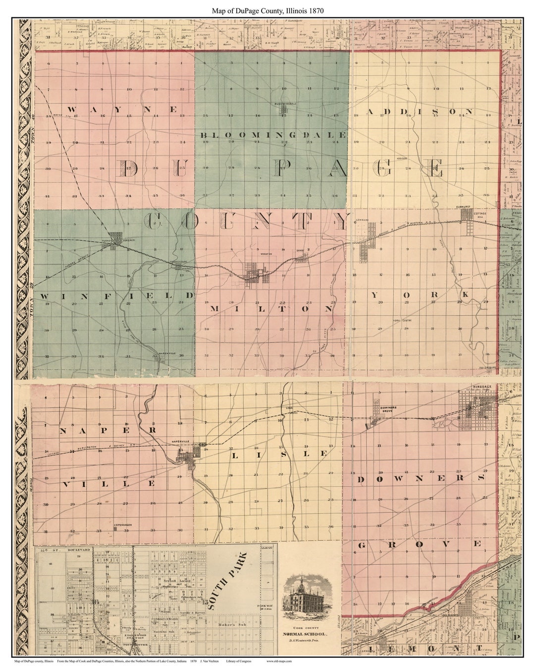 Dupage County Illinois 1870 - Old Wall Map Custom Reprint With ...