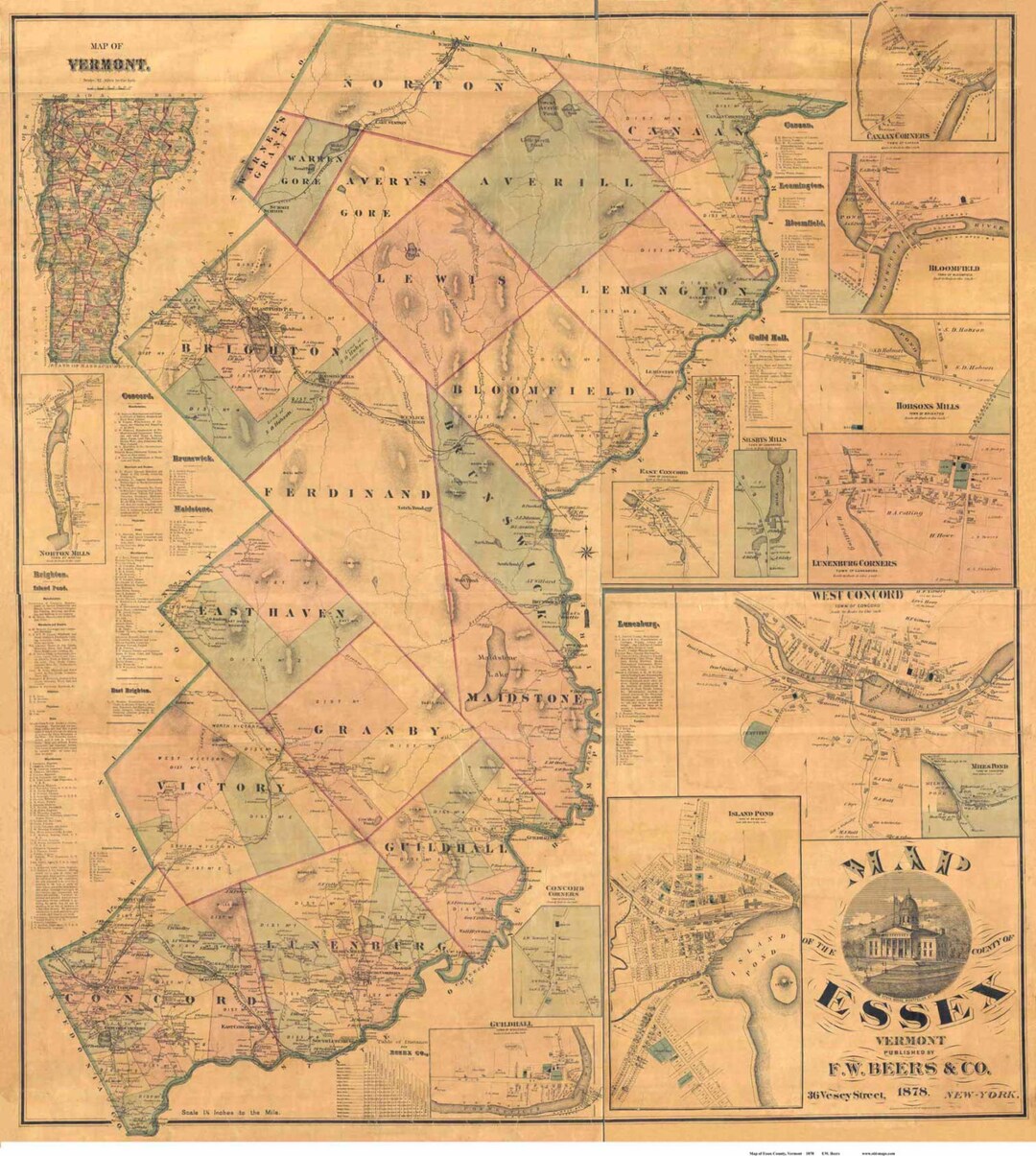 Essex County Vermont 1878 Beers - Old Wall Map Reprint With Homeowner ...