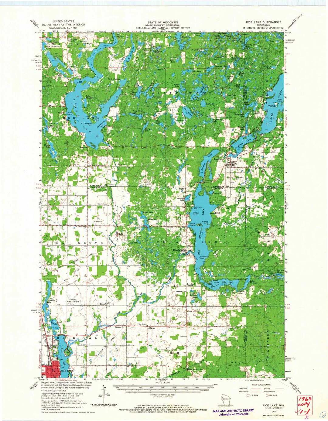 Rice Lake 1965 (1967) Old Topo Map - Long Lake - Cedar Lake - Quad ...