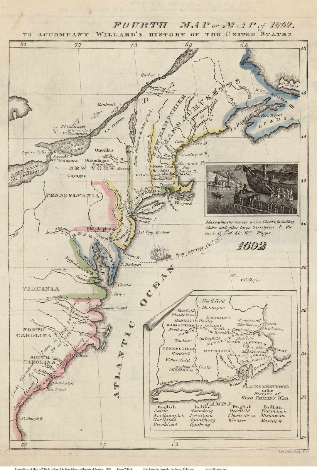 Fourth Map of the United States of America, 1692 - Colony Boundaries ...