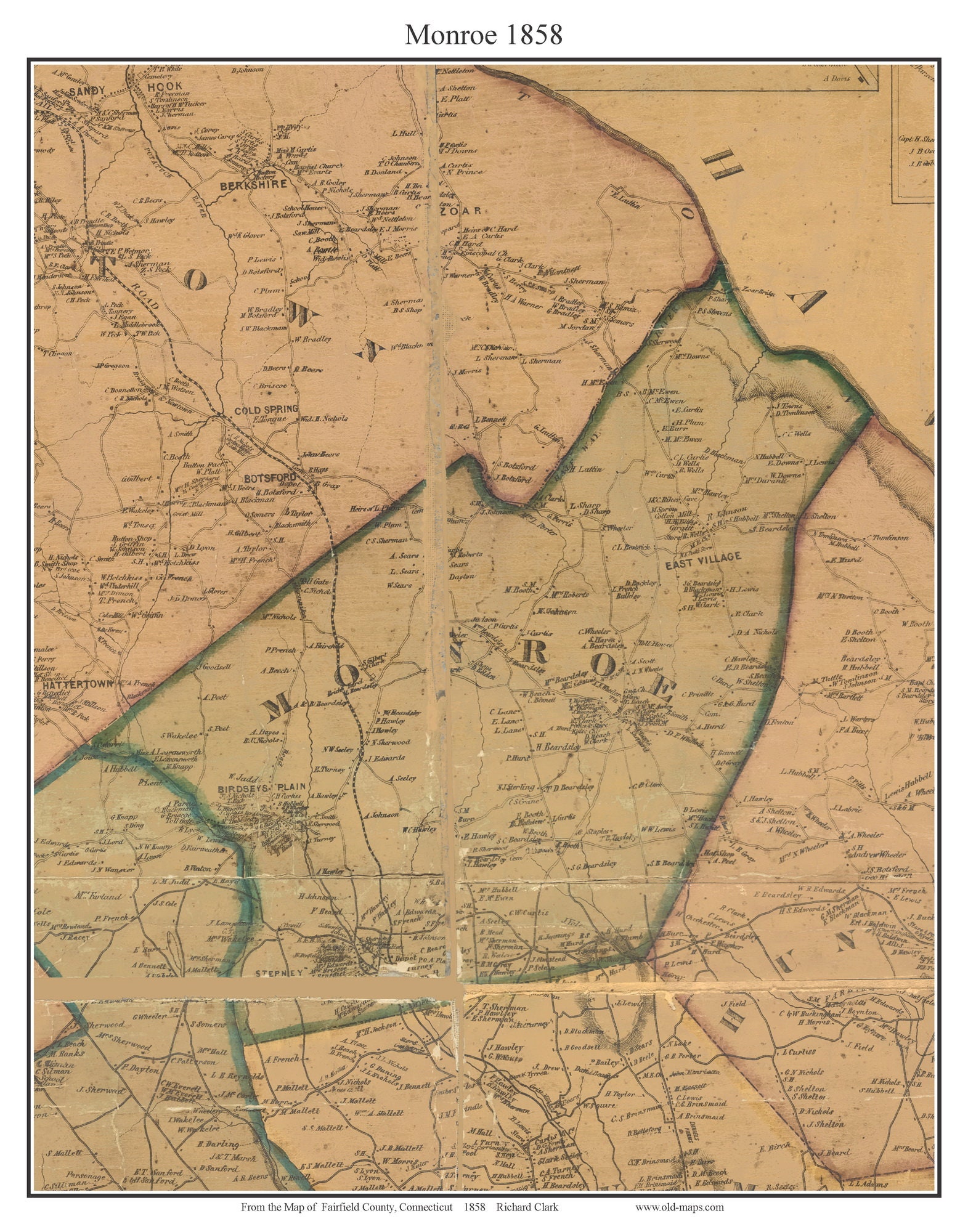 Monroe Connecticut 1858 Old Town Map With Homeowner Names Reprint ...