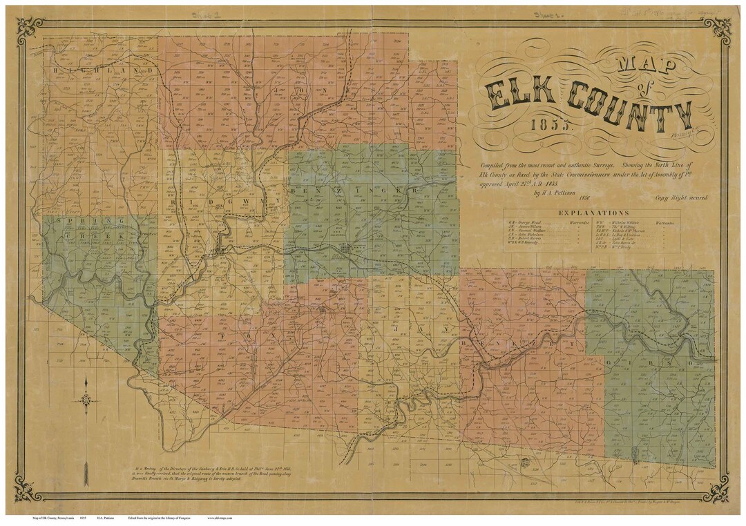 Elk County Pennsylvania 1855 A - Old Wall Map With Homeowner Names ...