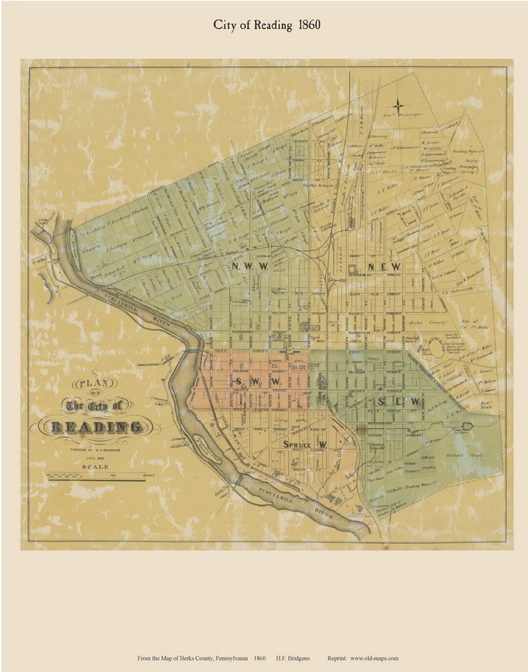 Reading City 1860 Old Town Map With Homeowner Names - Pennsylvania ...